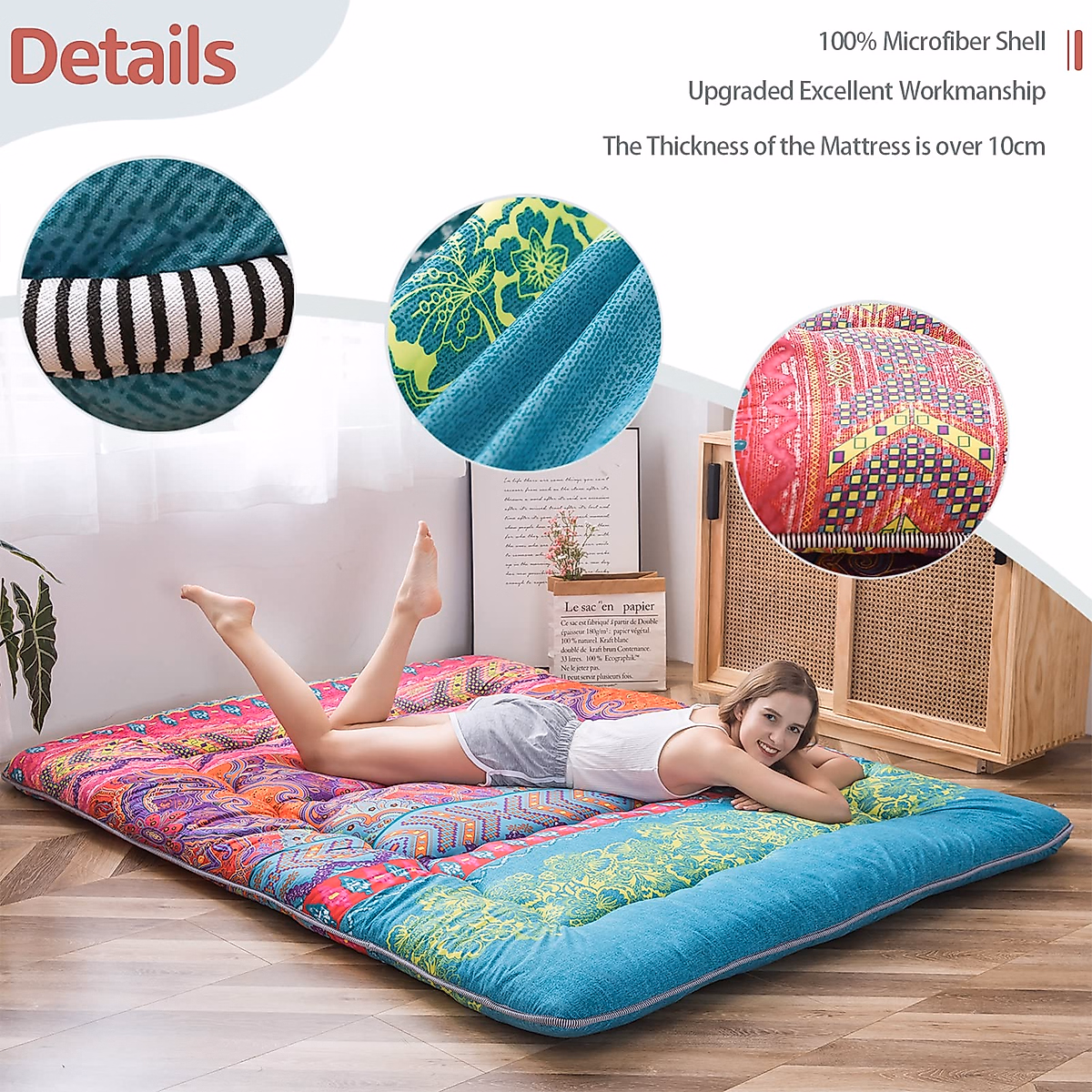 MAXYOYO Bohemian Retro Mattress Boho Floral Japanese Futon Mattress Tatami Floor Mat Foldable Portable Camping , Sleeping Pad, Lounger Couch Bed Full Size