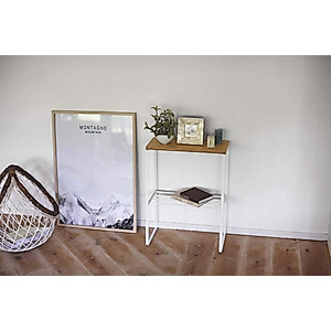 Yamazaki Home Narrow Living Room End Table - Slim Side Storage Shelf Stand Furniture Metal and Wood Modern Skinny Accent Table Steel + WoodWhite
