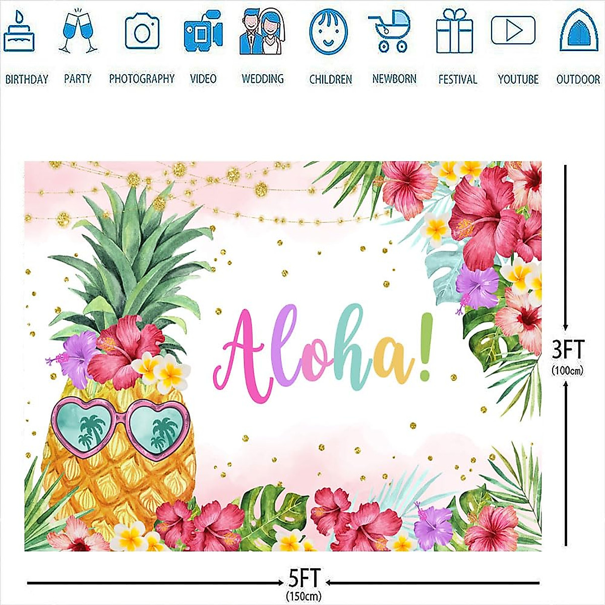 Ticuenicoa 5×3ft Aloha Backdrop Luau Hawaiian Birthday Party Decorations Photography Background Summer Tropical Beach Backdrops Baby Shower Floral Pineapple Photo Booth Props Banner