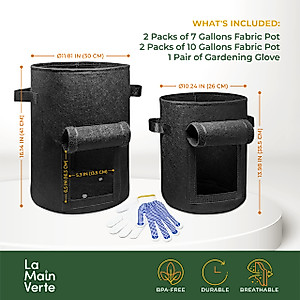 La Main Verte Potato Grow Bags with Flap - [ 4 Pack ] 10 & 7 Gallon Fabric Pots with Handles [ Bonus ] Garden Gloves