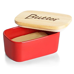 Ceramics Butter Dish with Wooden Lid- Large Covered Butter Holder for Countertop, Butter Keeper Container Perfect for Holds 2X 4oz West/East Coast Butter, Red