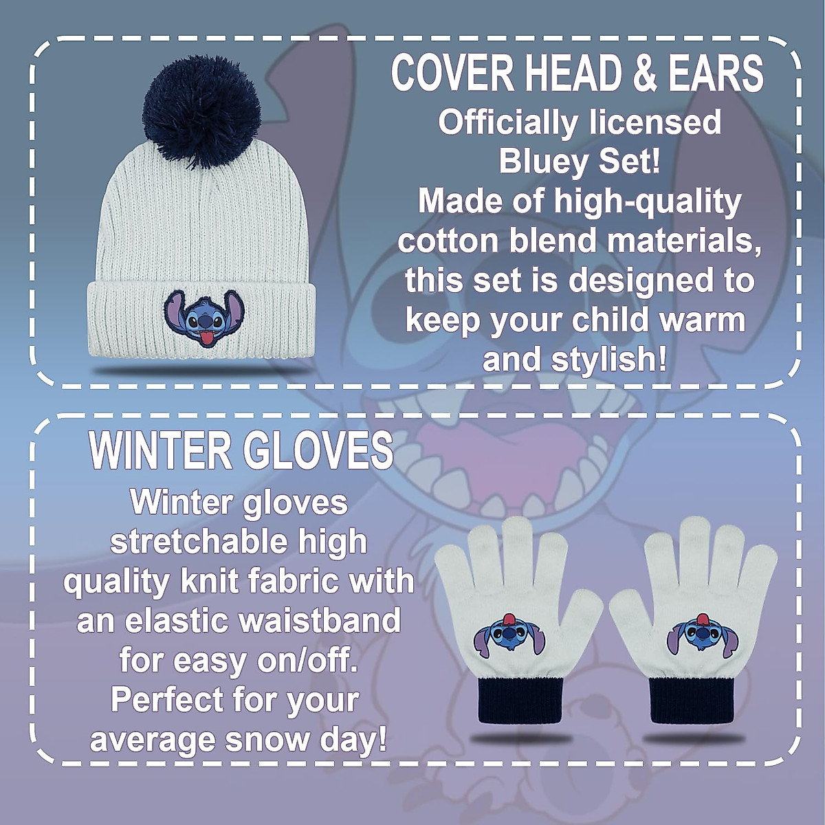 Disney Lilo and Stitch Kids Beanie Hat and Glove Set for Girls – Blue Stitch Hat for Girls Ages 5-13