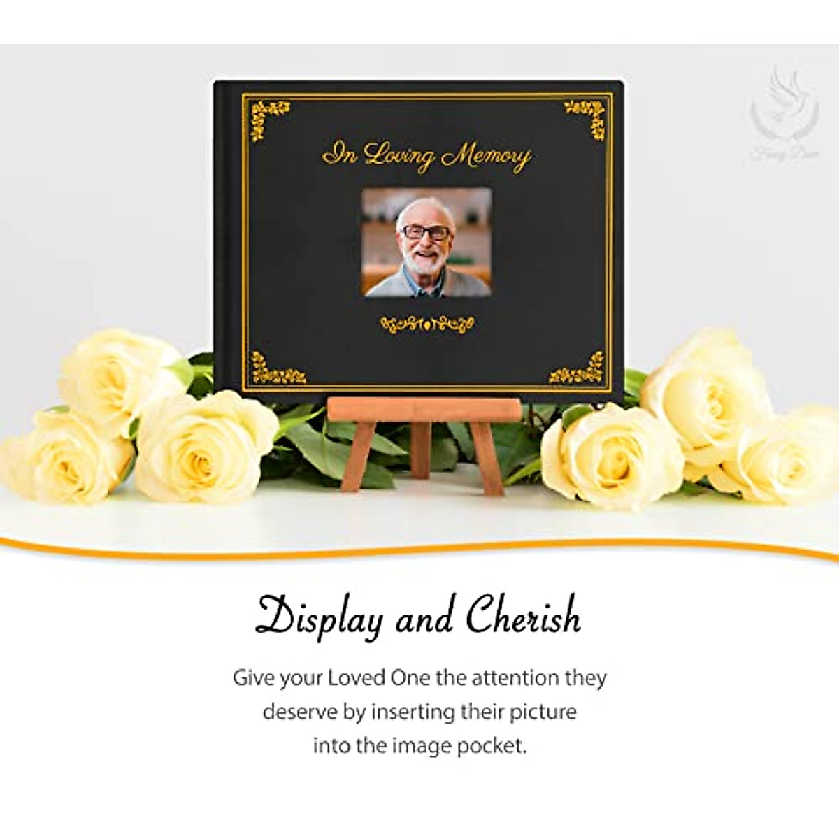 Fancy Dove Funeral Guest Book with Picture Pocket. Celebration of Life Sign in Book with Gold Embossed Leather Hardcover. Signature and Memory Book with 124 Pages