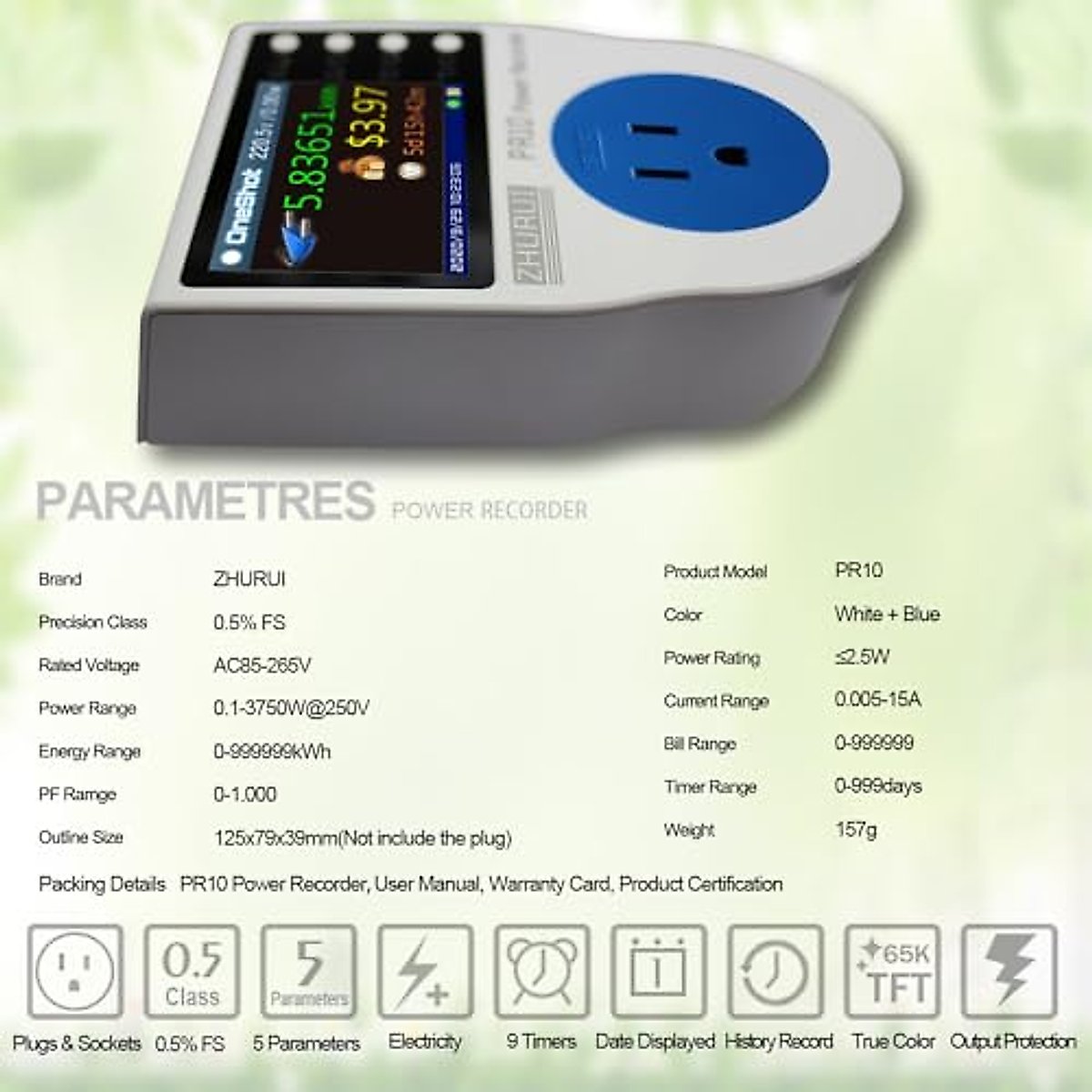 ZHURUI PR10-E US15A Power Meter Plug/Home Power metering Socket/watt Meter/2.4 inch TFT Color LCD/0.5FS(New)