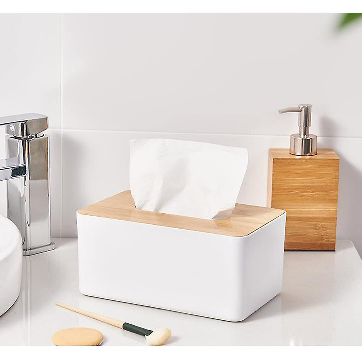 Bamboo Tissue Box Cover, Rectangular Tissue Box Holder for Bathroom Vanity, Countertop, Bedroom Dresser, Bedside Table, Desk,Disposable Paper Facial Tissues Tissue Box White