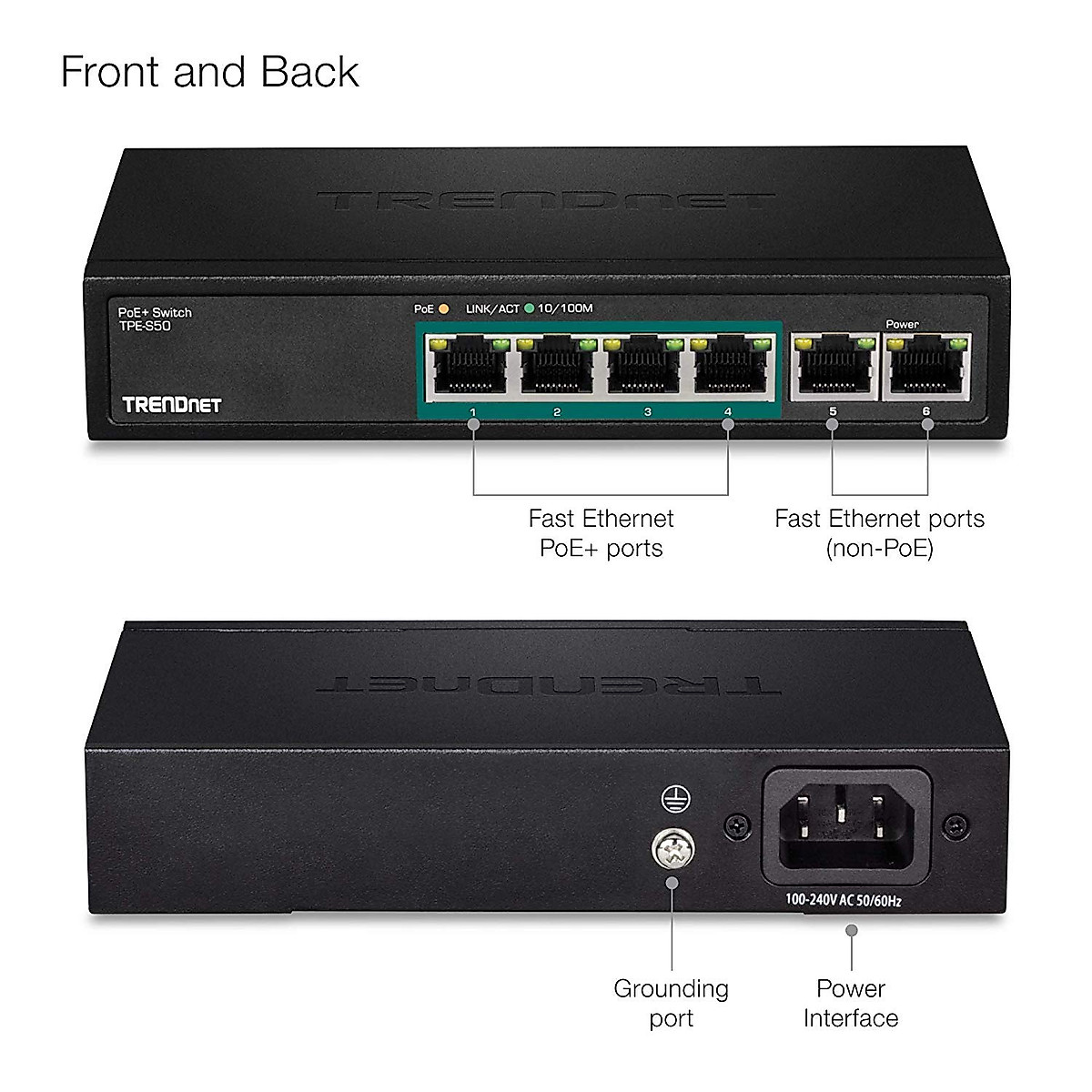 RENDnet 6-Port Fast Ethernet PoE+ Switch, TPE-S50, 4 x Fast Ethernet PoE Ports, 2 x Fast Ethernet Ports, 60W PoE Budget, 1.2 Gbps Switch Capacity, Ethernet Network Switch, Metal