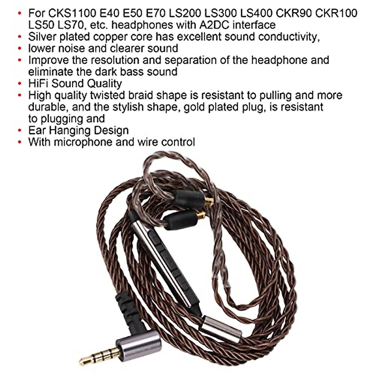 PUSOKEI Headphone Upgrade Cable， 3.5mm/A2DC Plug Earphone Replacement Cord, with Mic Wire Control, A2DC Connector Headphones for CKS1100 E40 E50 E70 and LS200