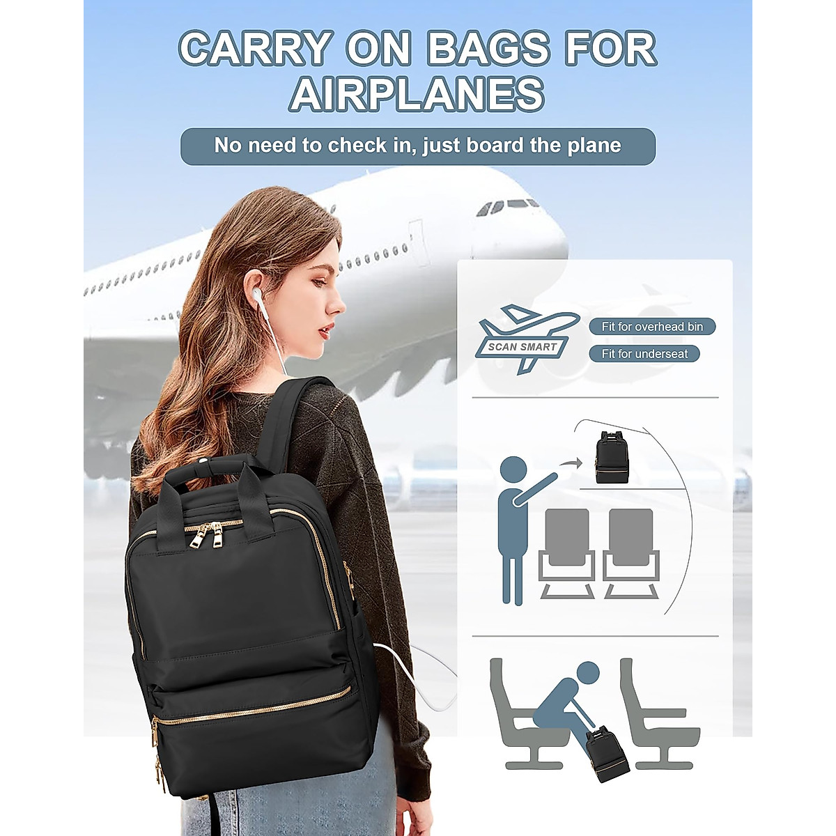 CADOLIM Large Travel Backpack Carry On Flight Approved Black Backpack For Travel Backpacks Waterproof Personal Item Backpack Travel Bag For Women Mens Mochila De Viaje Traveling Backpack