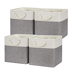 Temary Fabric Baskets Storage 12 Inch Storage Cubes Storage Baskets with Handle, Clothes Baskets for Gift, Large Baskets for Storage Toys, Books, Blankets (White&Gray)