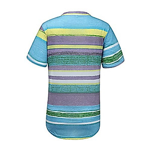 ESKNAS Womens Blouse Summer Rainbow Gradients Stripe Print Tunic Tops Short Sleeve V-Neck Pleated T-Shirt (Blue,XXXXL)