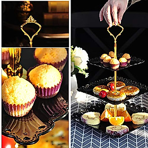 FEOOWV 2 Pcs Plastic 3 Tier Cupcake Stand, Black Fruits Desserts Candy Buffet Display Plate for Home Tea Party, Wedding, Halloween,Baby Shower Birthday Party (Square)
