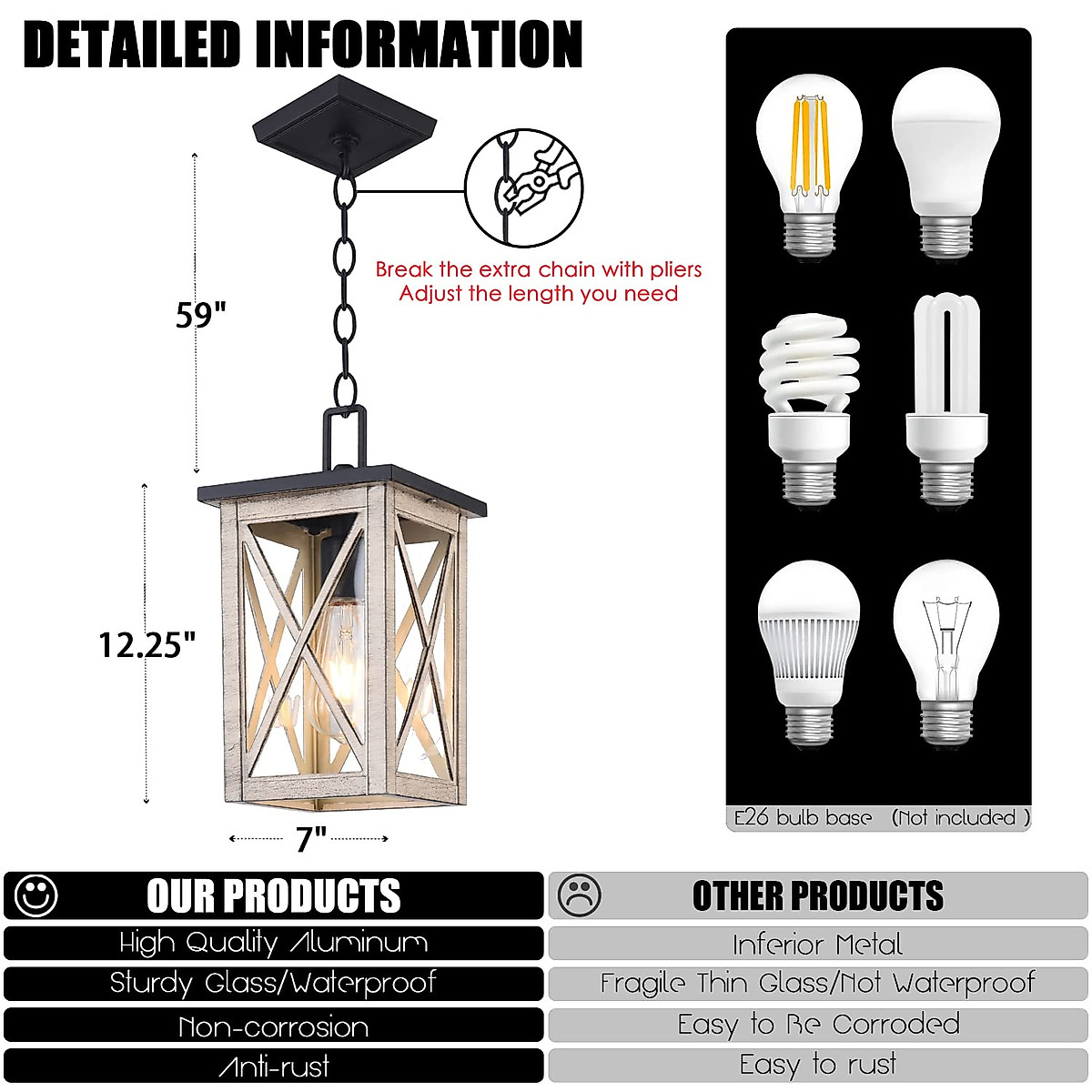 Outdoor Pendant Light Exterior Hanging Lantern Porch Pendant Lights, Light Wood Grain with Glass 1-Light Lamp for for Porch, Patio, Entryway