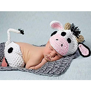 Newborn Baby Photo Prop Boy Girl Photo Shoot Outfits Crochet Knitted Clothes Cows Hat Shorts Set Photography Shoot (White)