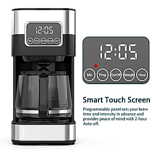 Gardcare 10-Cup Coffee Maker with Smart Touch Screen, 24-hour Programmable Coffee Machine, Stainless Steel Glass Carafe Pot with Brew Strength Control, Automatic Anti-Drip System, Black