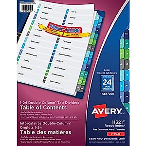 Avery Double Column 24 Tab Dividers for 3 Ring Binders, Customizable Table of Contents, Multicolor Tabs, 1 Set (11321)