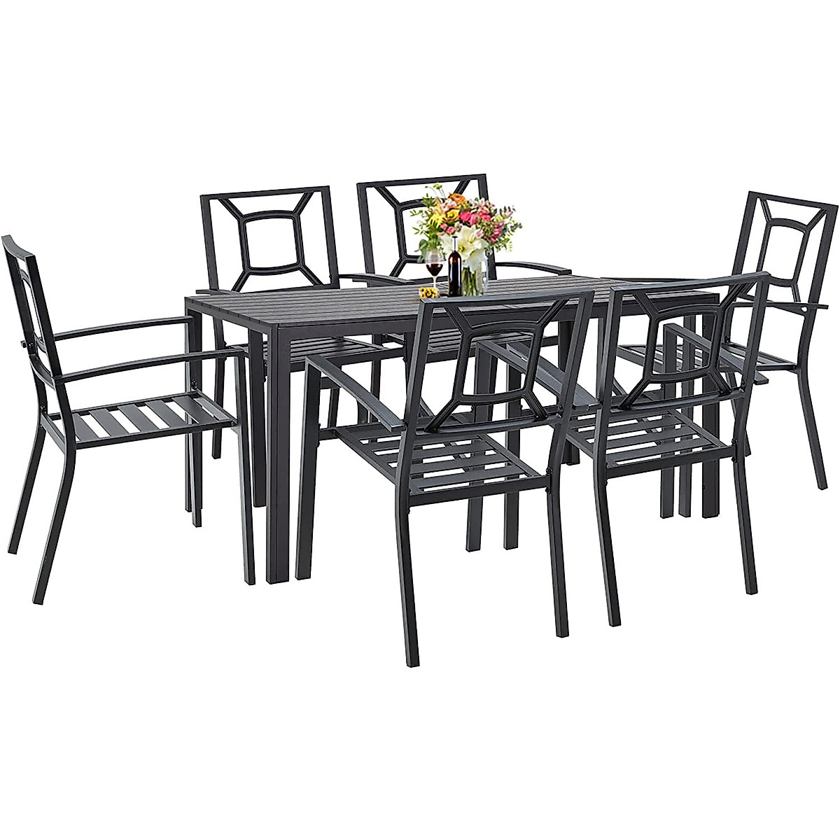 AECOJOY 7 Piece Outdoor Dining Set, Patio Table and Chairs Set with Rectangular Aluminum Table and 6 Metal Stackable Chairs for Garden, Backyard, Matte Black