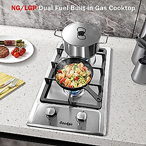 Gas Cooktop 2 Burner, Cooksir Built in Gas Stovetop 12 Inches, NG/LPG Convertible Stainless Steel Gas Hob with Flame Out Protection, for Apartments, Indoor Use, 110v