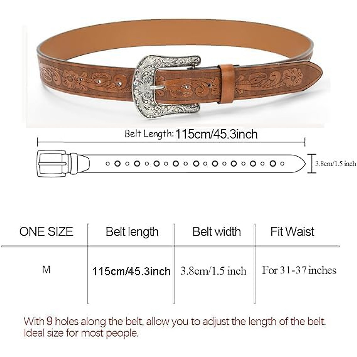 Western-Leather-Belts for Women Turquoise-Oval-Buckle Embossed Cowgirl Belt for Jeans Pants (Fit for 31-37" Waist)