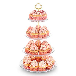 NWK 3/4-Tier Cupcake Stand with Crystal-Clear Plastic Plates and Metal Struts Dessert Stable Tower Display Rack Serving Tray for Wedding Birthday Bridal Shower Autumn NYE Tea Party (Gold)
