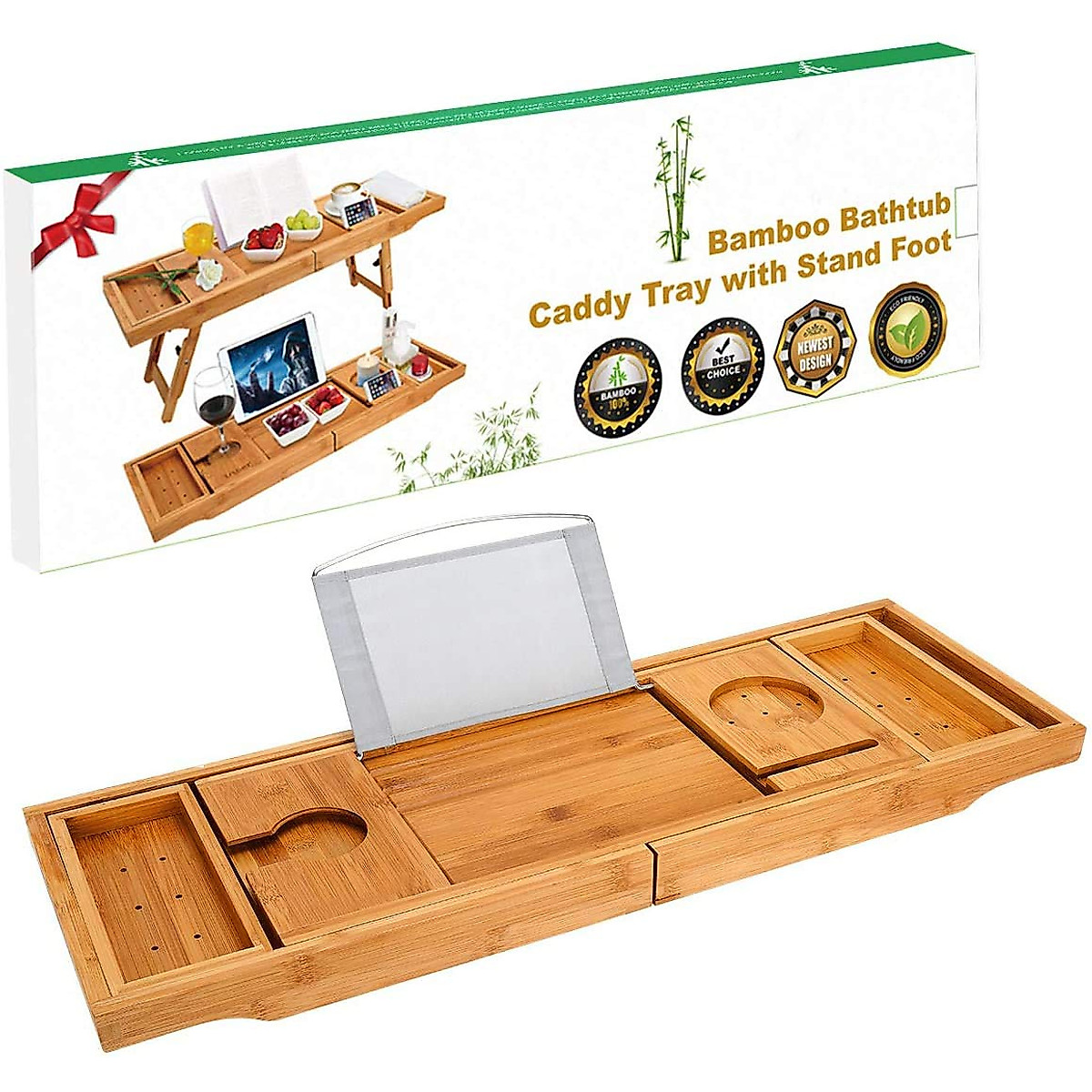 Hossejoy Bathtub Caddy Tray& Laptop Desk with Foldable Legs, 2 in 1 Wisdom Design – Luxurious Bathtub Caddy with Extending Sides, Tablet Holder, Reading Rack,Cellphone Tray and Wine Glass Holder