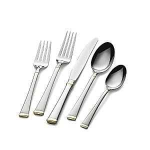 Mikasa Harmony 65-Piece Stainless Steel Flatware Set with Serveware, Service for 12, Gold-Accent