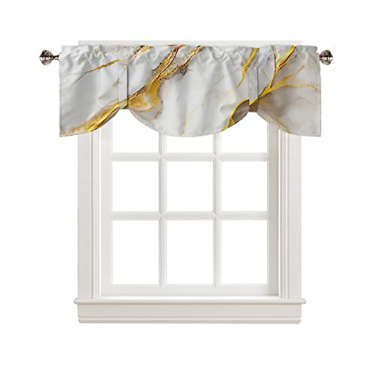 Yun Nist Tie Up Curtain Valance for Kitchen,Abstract White Marble Gold Stripe Window Valances Adjustable Tie-up Shade Valance,Modern Geometry Art Rod Pocket Short Curtains for Bathroom 42x12in