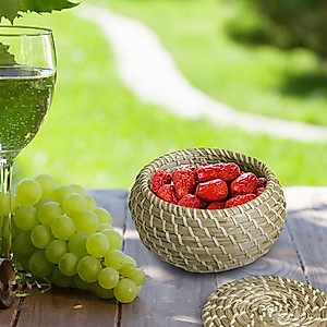 Wicker Basket with Lid, Round Woven Seagrass Basket, Handmade Round Rattan Box Seagrass Box Desktop Storage Basket Box for Home, Bathroom Decor