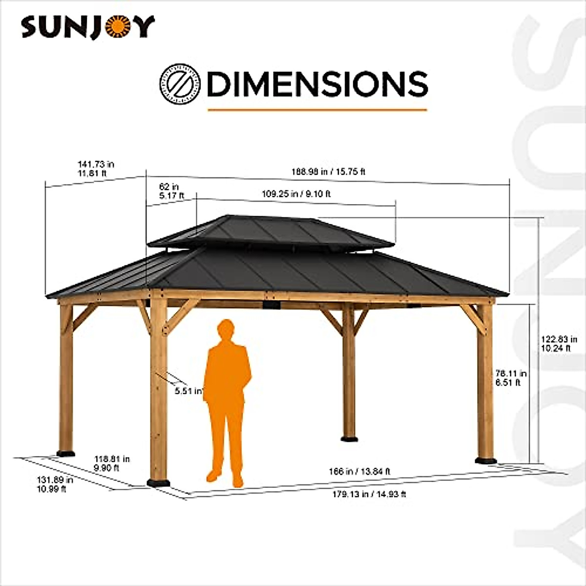 SUNJOY 12 x 16 ft. Wood Gazebo, Outdoor Patio Hardtop Gazebo, Upgrade Cedar Framed Wooden Gazebo with 2-Tier Metal Roof, Suitable for Patios, Lawn and Backyard, Dark Brown Roof + Natural Wood Frame