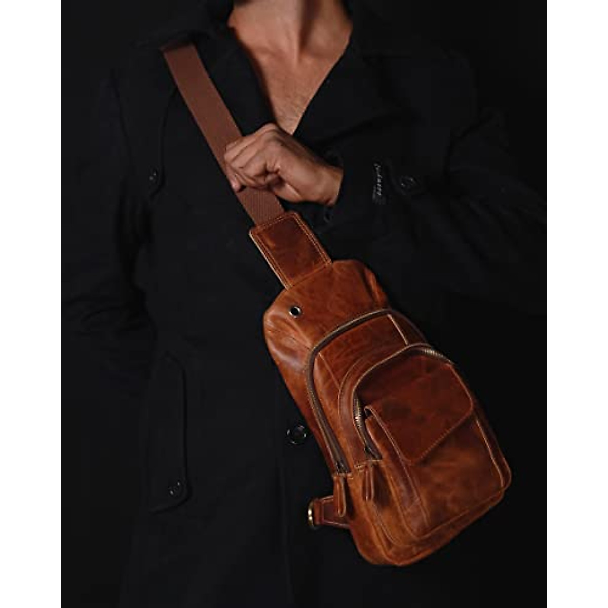 Handmade Buffalo Leather Travel Hiking Crossbody Chest Sling Multipurpose Shoulder Strap Backpack Bag for Men and Womens (Brown, Large)