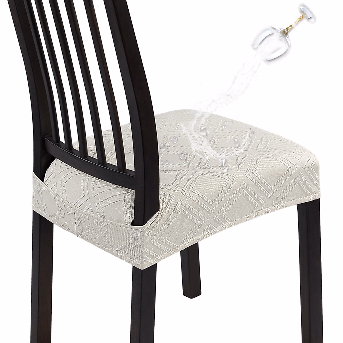 SearchI Waterproof Dining Chair Seat Covers Set of 4, Washable Stretch Seat Covers for Dining Chairs, Rear-Covered Dining Room Seat Cover Protector(Cream Rhombus Jacquard)