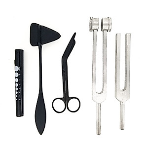 SURGICAL ONLINE Ultimate Medical Student Diagnostic Set - Premium Stethoscope & Tactical Black Set of 5 pcs Reflex Percussion Taylor Hammer + Penlight + Tuning Fork C 128 C 512 + Bandage Scissors 5.5