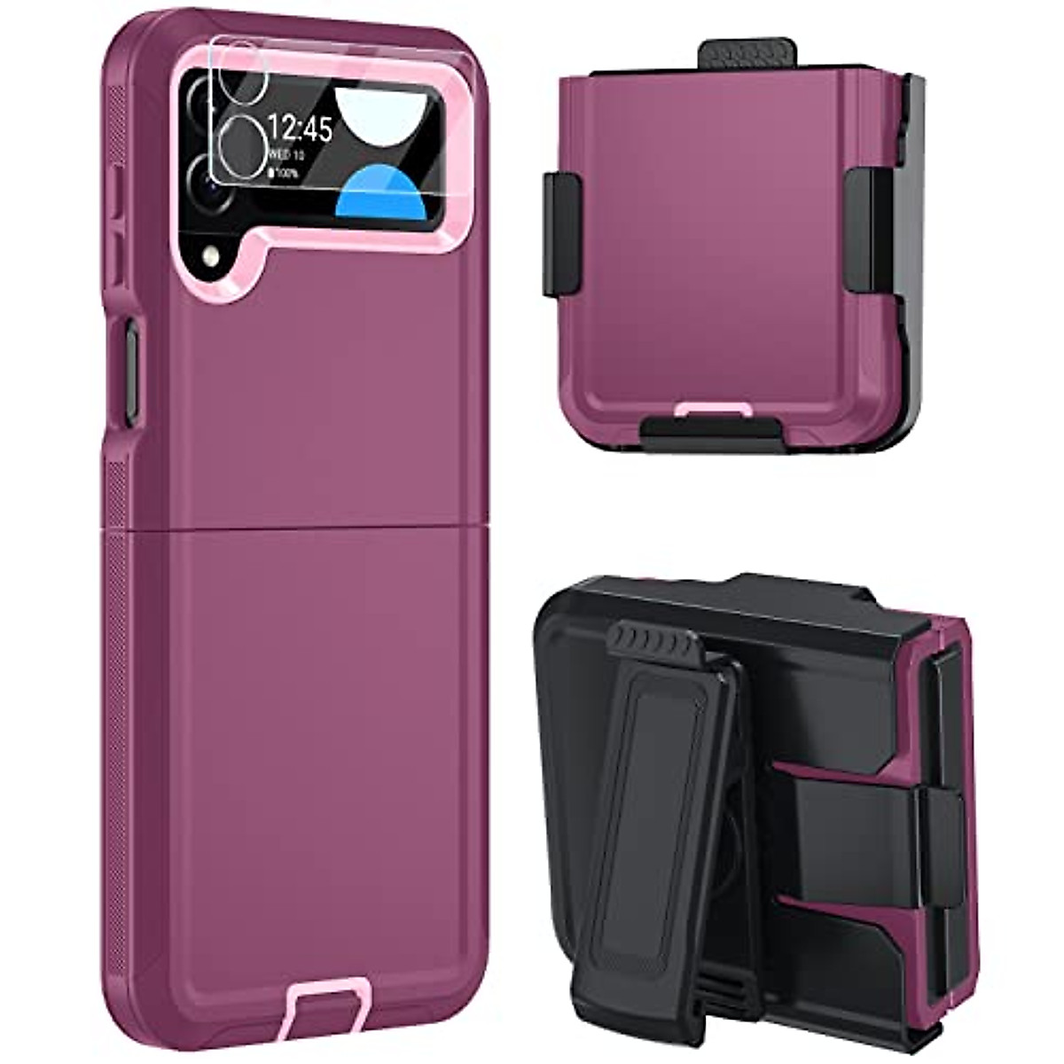 ONOLA Case with Belt Clip for Samsung Galaxy Z Flip 4 Case with Clear Lens Camera Protector, [Kickstand] Military-Grade Dual Layer Heavy Duty Cover for Samsung Z Flip 4 (WineRed Pink)