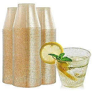 FOCUSLINE 100 Pack Gold Glitter Plastic Cups 9 oz Clear Plastic Cups Tumblers, Fancy Disposable Hard Plastic Cups with Gold Glitter for Wedding Cups Elegant Party Cups