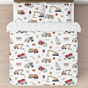 Sweet Jojo Designs Construction Truck Boy Full/Queen Size Kid Childrens Bedding Comforter Set - 3 Pieces - Grey Yellow Orange Red and Blue Transportation Chevron Arrow