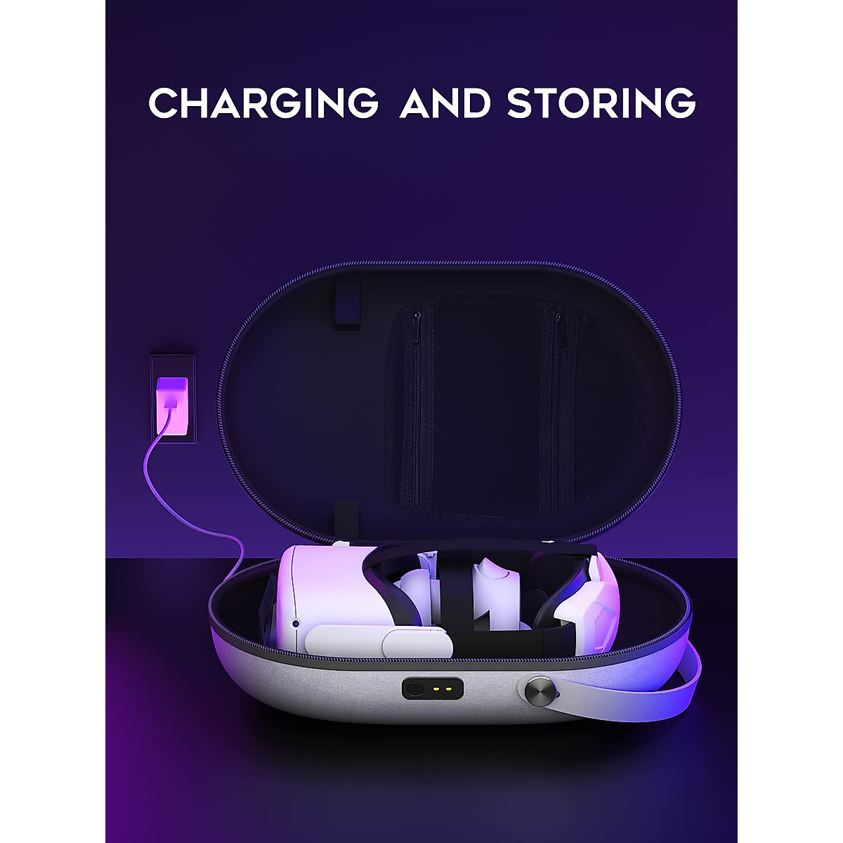 DESTEK OC1 Charging Carrying Case for Quest 2 Accessories, 3 in 1 Magnetic Charging Station for VR Host, Battery Head Strap and Storage, 2.5 Hours Fast Charging and Large Space - Fabric Version