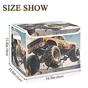 YMGQYJ Storage Cube with Lid Collapsible Monster Truck Jumping Print, Large Capacity Foldable Storage Basket Bin Organizer 16.5×12.6×11.8 IN