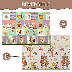 GZZ Foldable Baby Play Mat,Reversible, Waterproof, Anti-Slip Floor Playing Mats for Infants, Babies, Toddlers Indoor/Outdoor (Cute Bear Tall Foot+Animal Music Festival, 79"*71"*0.4")