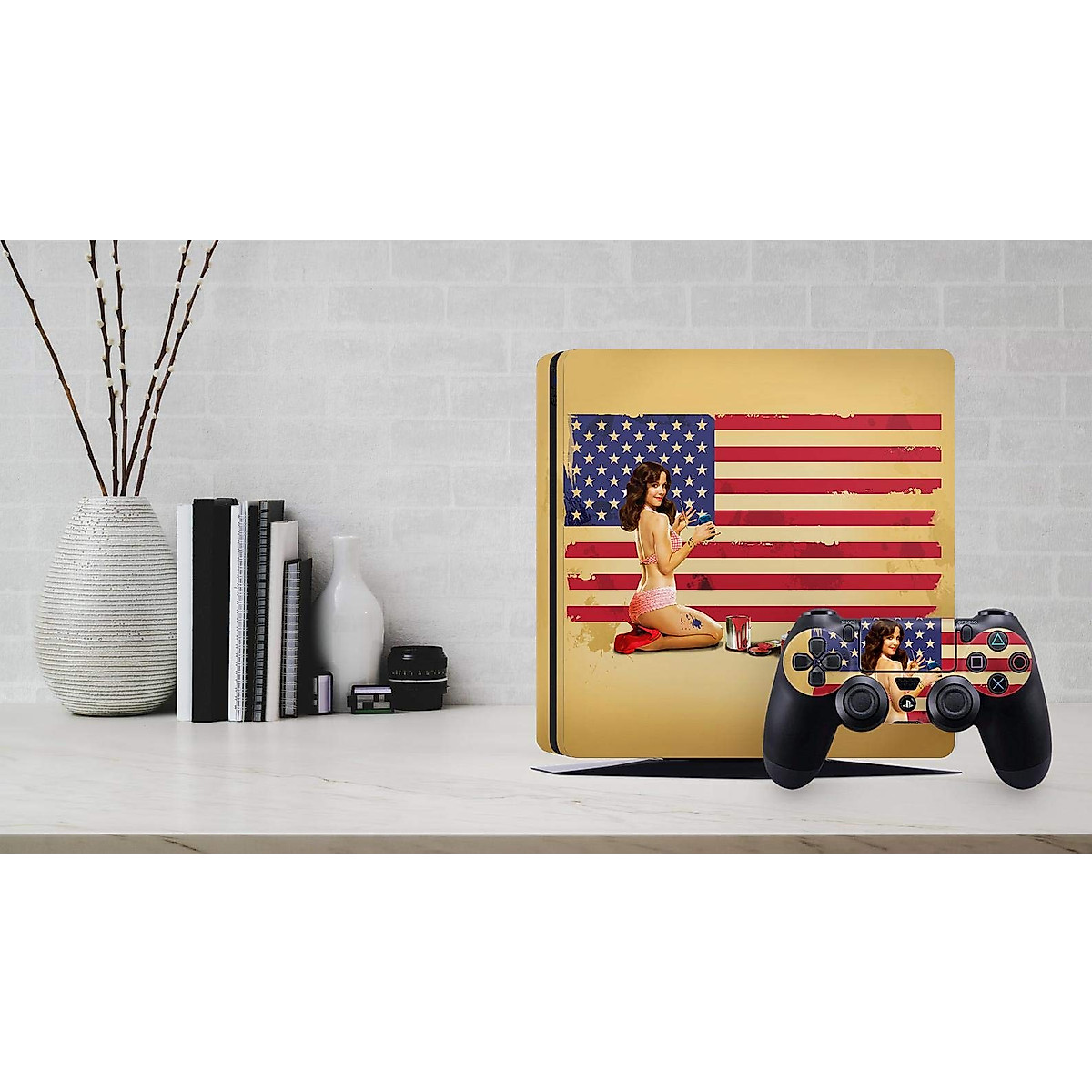 ZOOMHITSKINS PS4 Slim Skins, Sexy Girl America Woman USA Vintage Flag Red Blue Classic Old, Durable, Bubble-Free Goo-Free,Cover Set of 2 Controller Skins 1 Console Skin, Made in USA