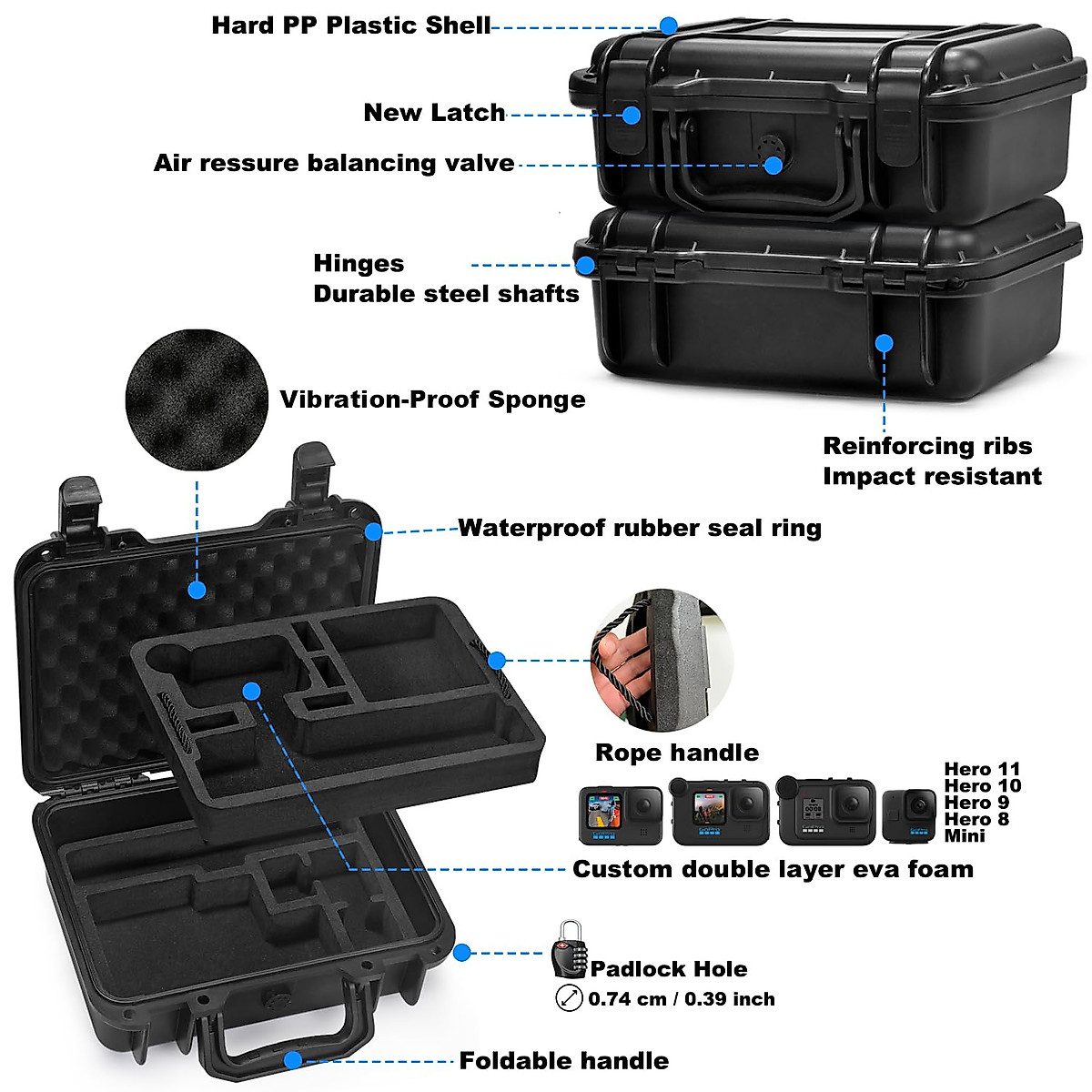 Lekufee Waterproof Hard Case Compatible with Gopro Hero 12/11/10/9/8/Media Mod/Gopro Volta/Creator Edition/Action Camera and Other Accessories(Case Only)