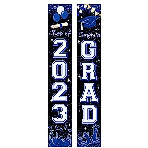 Graduation Party Decorations Blue and White Class of 2023 Graduation Hanging Porch Sign Congrats Banner for High School and College Graduation Party Decorations (Blue)