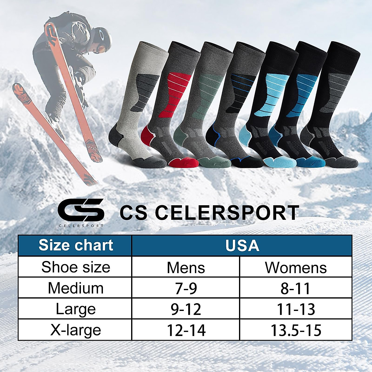 CS CELERSPORT 2 Pack Ski Socks for Men and Women Skiing, Snowboarding, Cold Weather, Winter Performance Socks, Black+Blue, X-Large