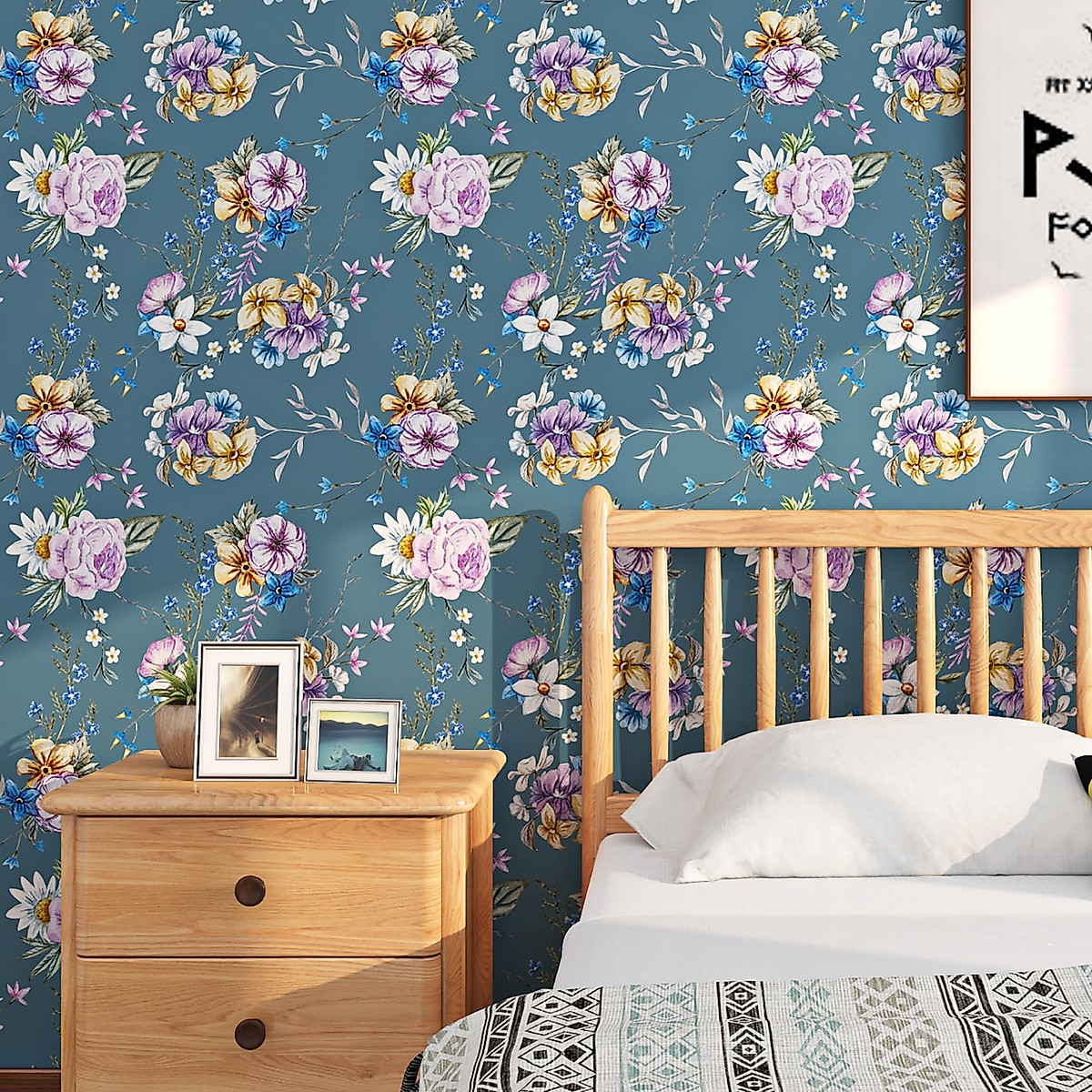 ReWallpaper Blue Floral Peel and Stick Wallpaper - Boho Modern Flower Pattern - Self Adhesive Contact Paper - Bod Wallpaper for Bedroom Bathroom 17.5inx10ft