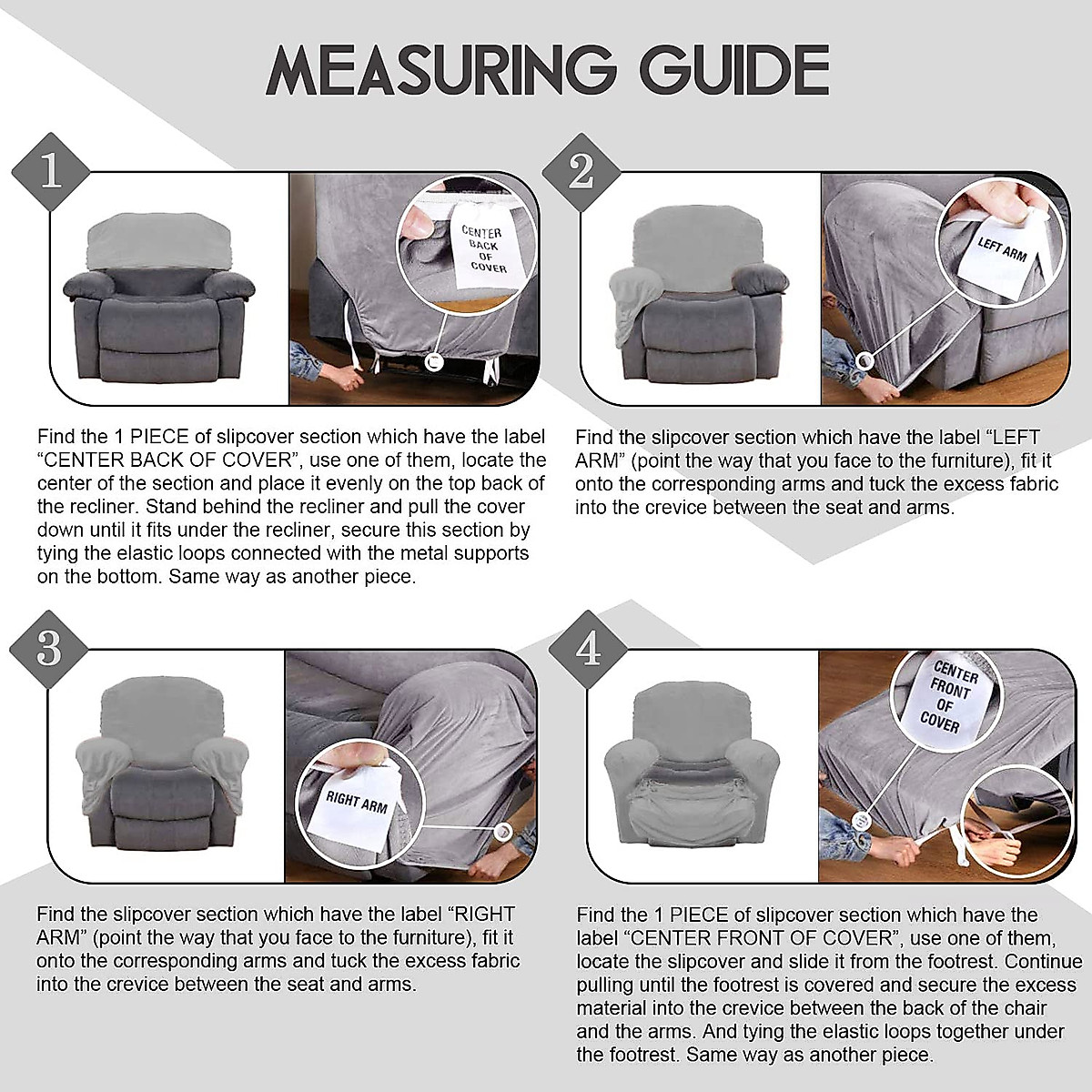 ULTICOR 4-Piece, 1 Seat Recliner Cover, Velvet Stretch Reclining Chair Covers for 1 Cushion Reclining Sofa, Single Seat Recliner Couch Cover, Thick, Very Soft, Machine Washable (Light Grey)