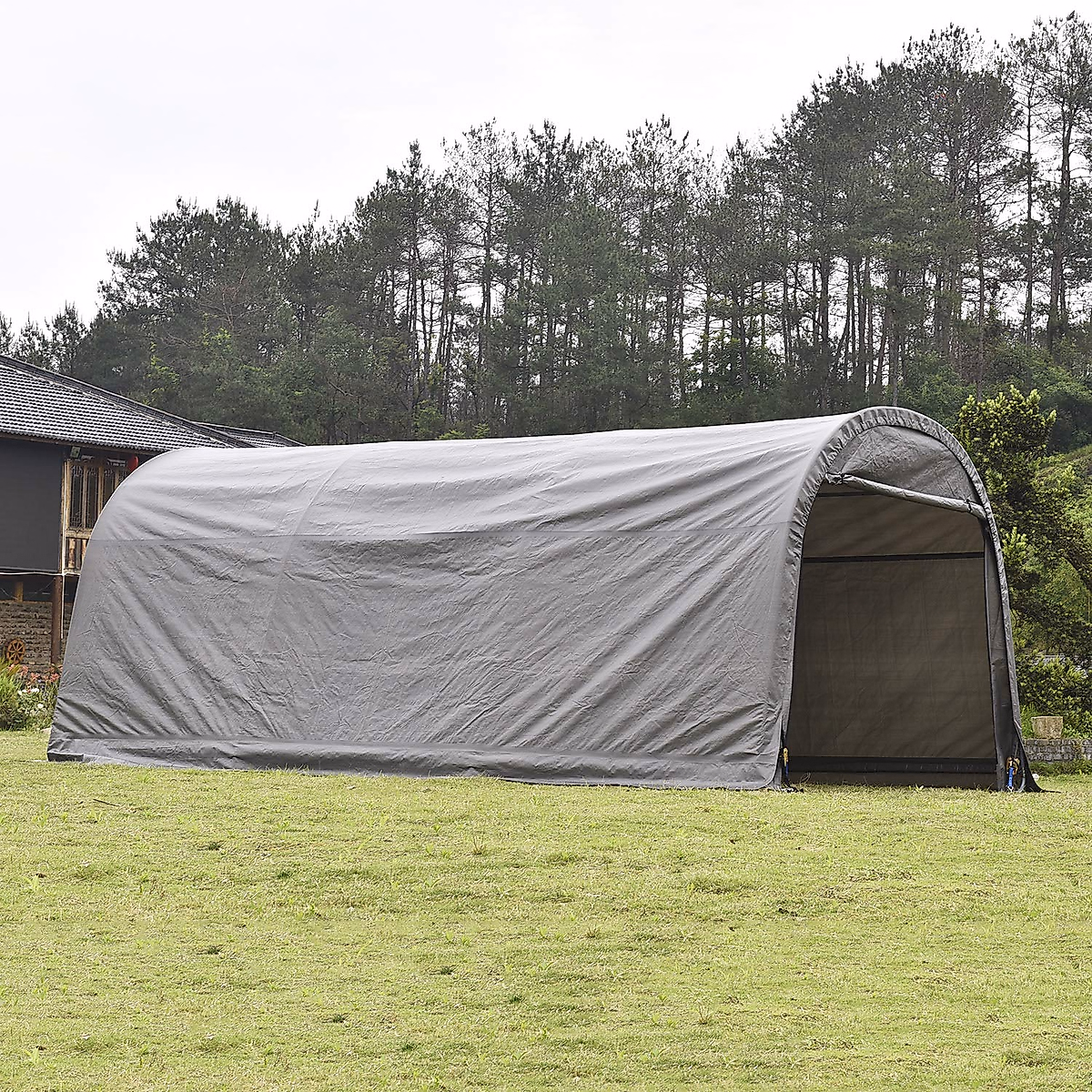 Bestmart Heavy Duty Round Carport with Zipper Portable Garage Outdoor Storage Shed Canopy Gray,10x20ft