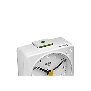 Braun Classic Travel Analogue Clock with Snooze and Light, Compact Size, Quiet Quartz Movement, Crescendo Beep Alarm in White, Model BC02XW, One