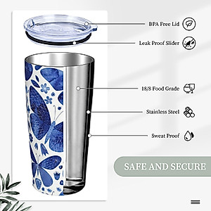 EVANEM 20 Oz Stainless Steel Tumbler With Straw Cleaner Blue Butterflies Printed Insulated Cup Travel Coffee Mug Vacuum Insulated Tumblers For Home Office