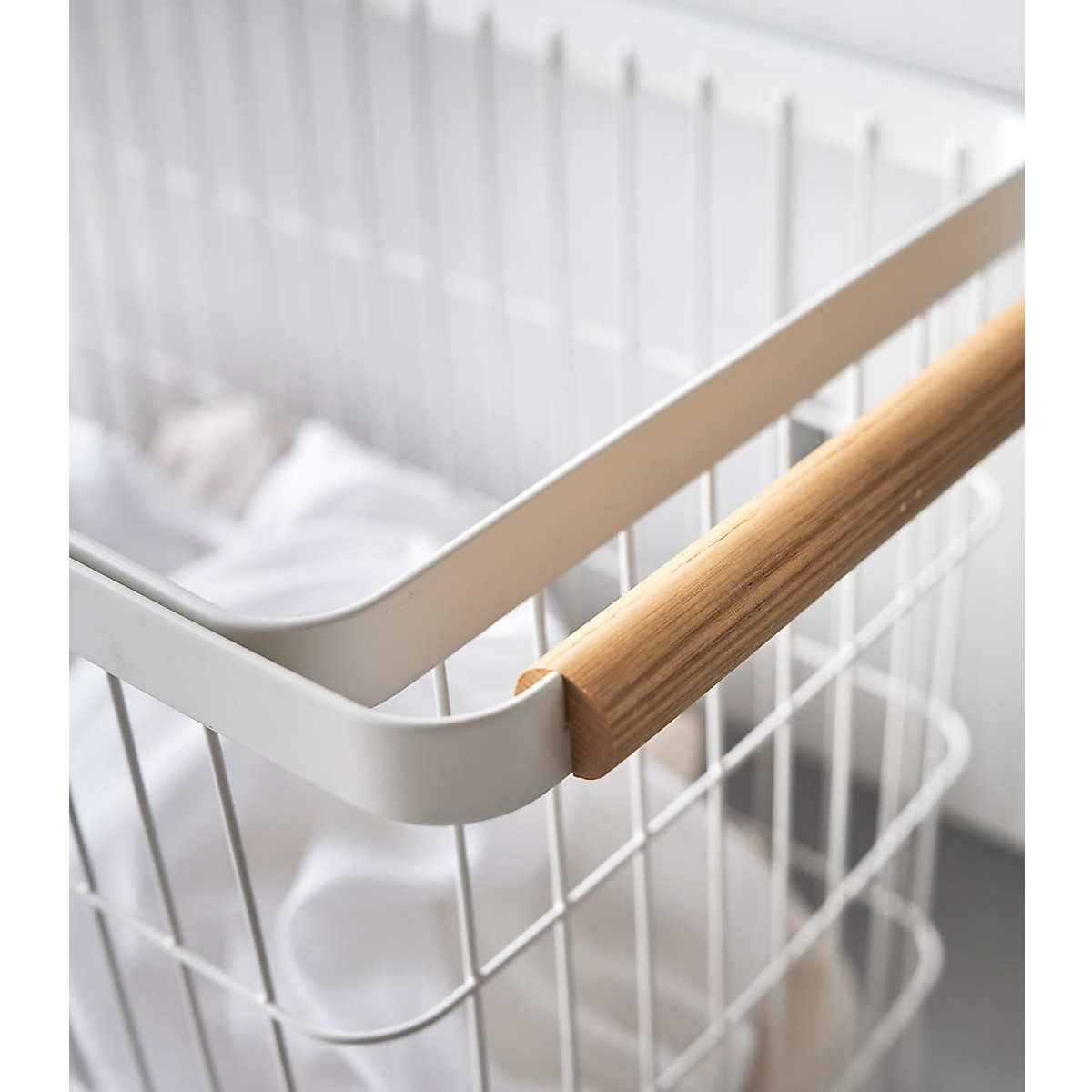 Yamazaki Home Tosca Compact Rolling Laundry Basket Cart - Metal Hamper With Wheels And Handle For Easy Mobility - Space-Saving Storage Solution, 15" - Steel + Wood - 9.2 Gallons, 35L