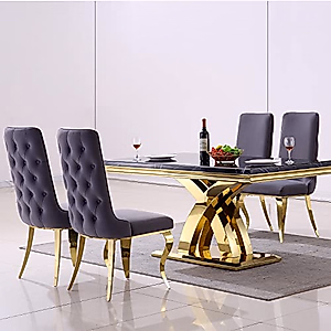 AZhome Dining Room Set, Dining Table Set for 6, Grey Velvet Upholstered Dining Chairs with Gold Stainless Steel Legs, Modern Metal Dining Table in Black Gold