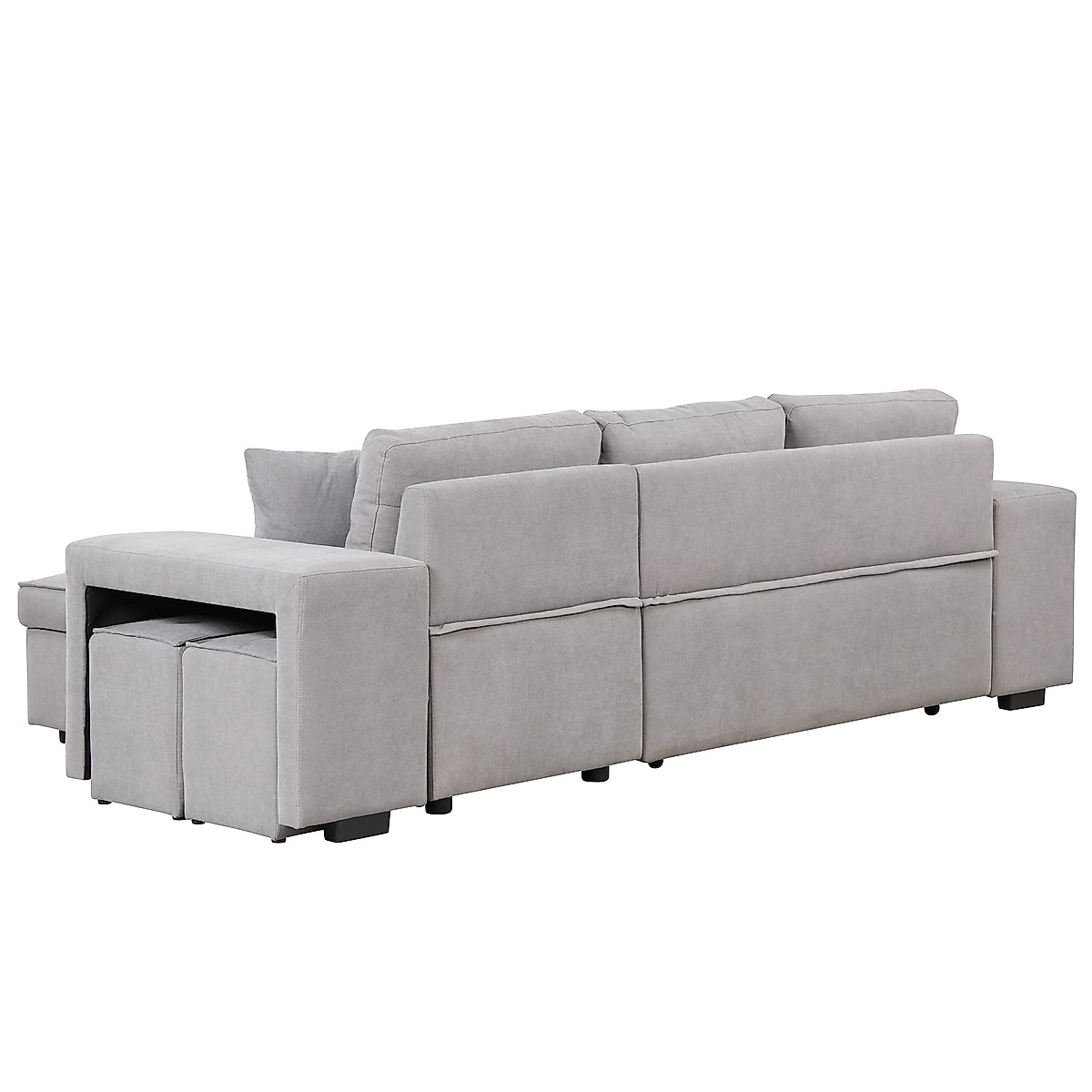 FANYE 2024 Linen Upholstery Pull Out Sleeper Sectional Sofa & Couch W/Stools and Shelves, L-Shaped Corner Upholstered Sofa Couch with 2 Pillows and Reversible Storage Chaise for Living Room
