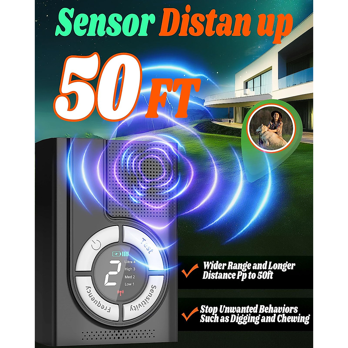 Anti Barking Device, 1500 mAh Rechargeable Ultrasonic Dog Barking Deterrent Devices Safe for Dogs, 2-in-1 Dog Barking Control Devices Up to 50 Ft Range Dog Training & Behavior Aids